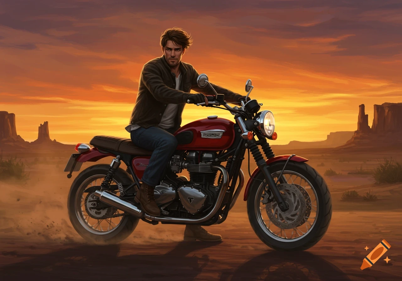 A man on a red Triumph motorcycle rides through a dusty desert ...