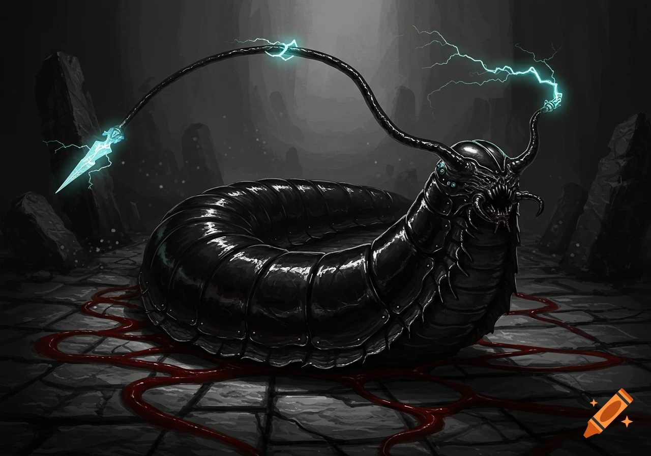 A dark fantasy illustration of a massive, glossy black segmented slug ...