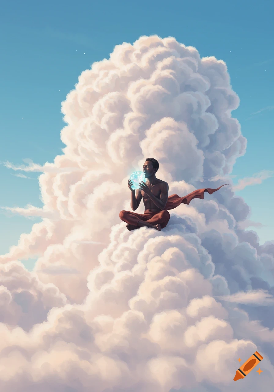 Two shirtless men row a canoe through clouds in the sky during a sunset ...