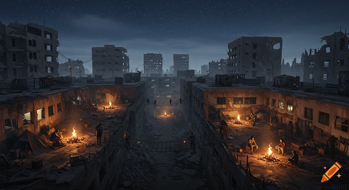 A dystopian post-apocalyptic city with destroyed buildings ...