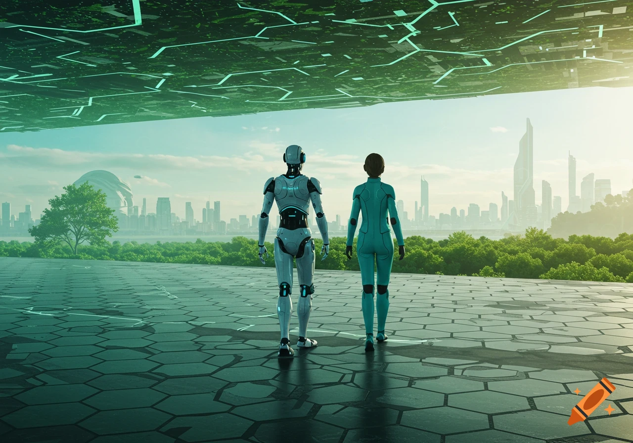 A man in a lab coat and AR glasses walks down a sunny, photorealistic ...