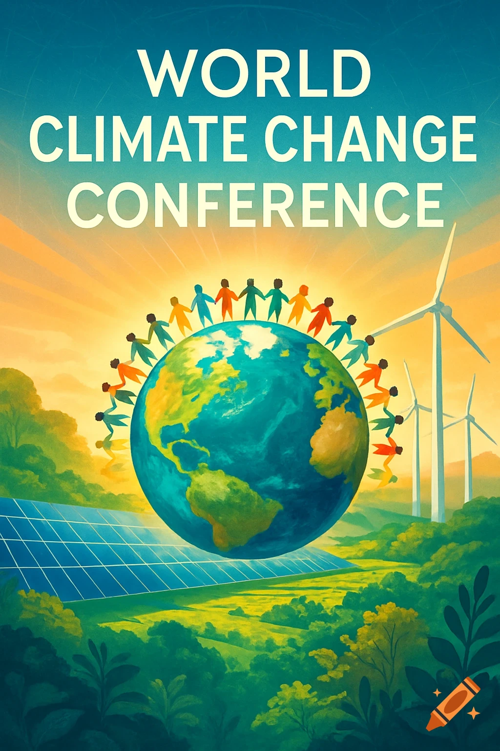 Stylized poster for a World Climate Conference featuring a globe, wind ...