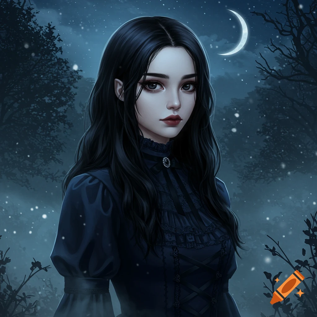 A young woman with long black hair and pale skin in a dark gothic dress ...