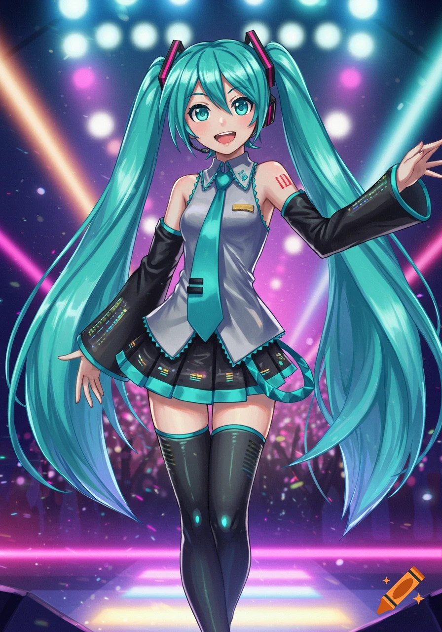Hatsune Miku, an anime character with long turquoise pigtails, smiles ...
