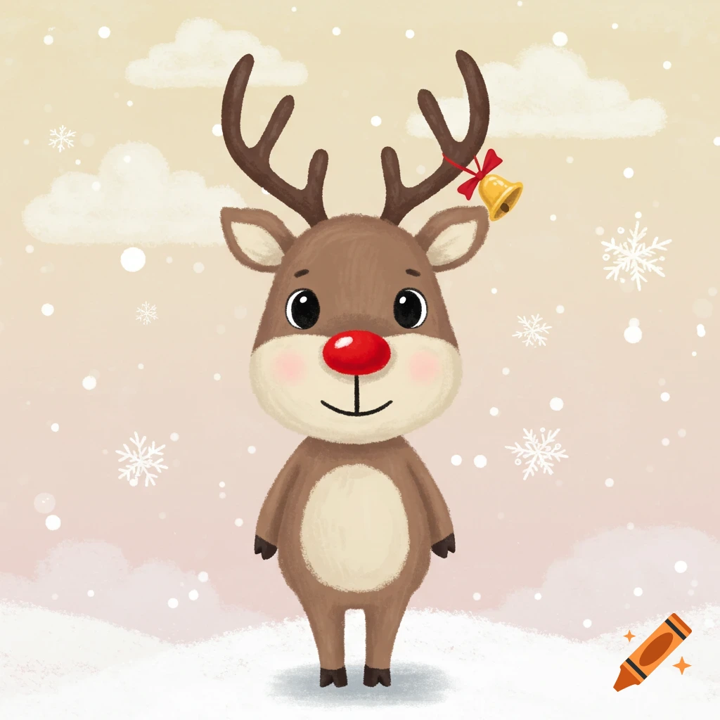 A cute cartoon reindeer with a red nose and a bell on a red collar ...
