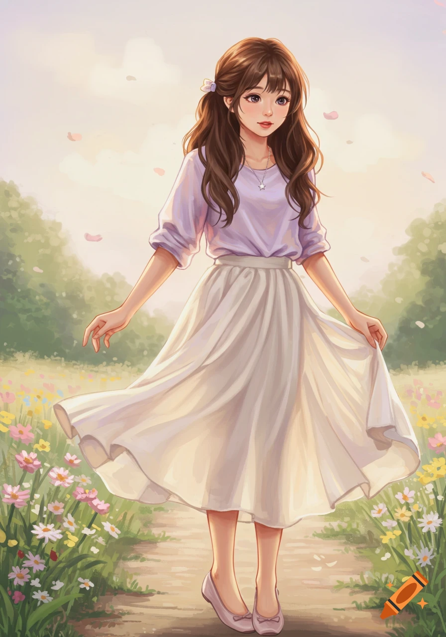 An anime-style girl with long brown hair, wearing a lavender blouse and ...