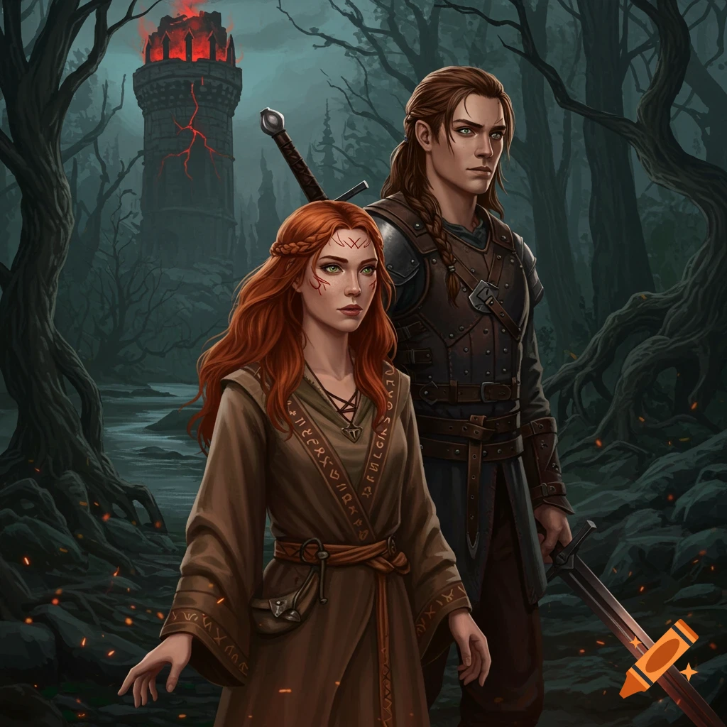 Two fantasy characters, a red-haired woman and a male warrior, in a ...