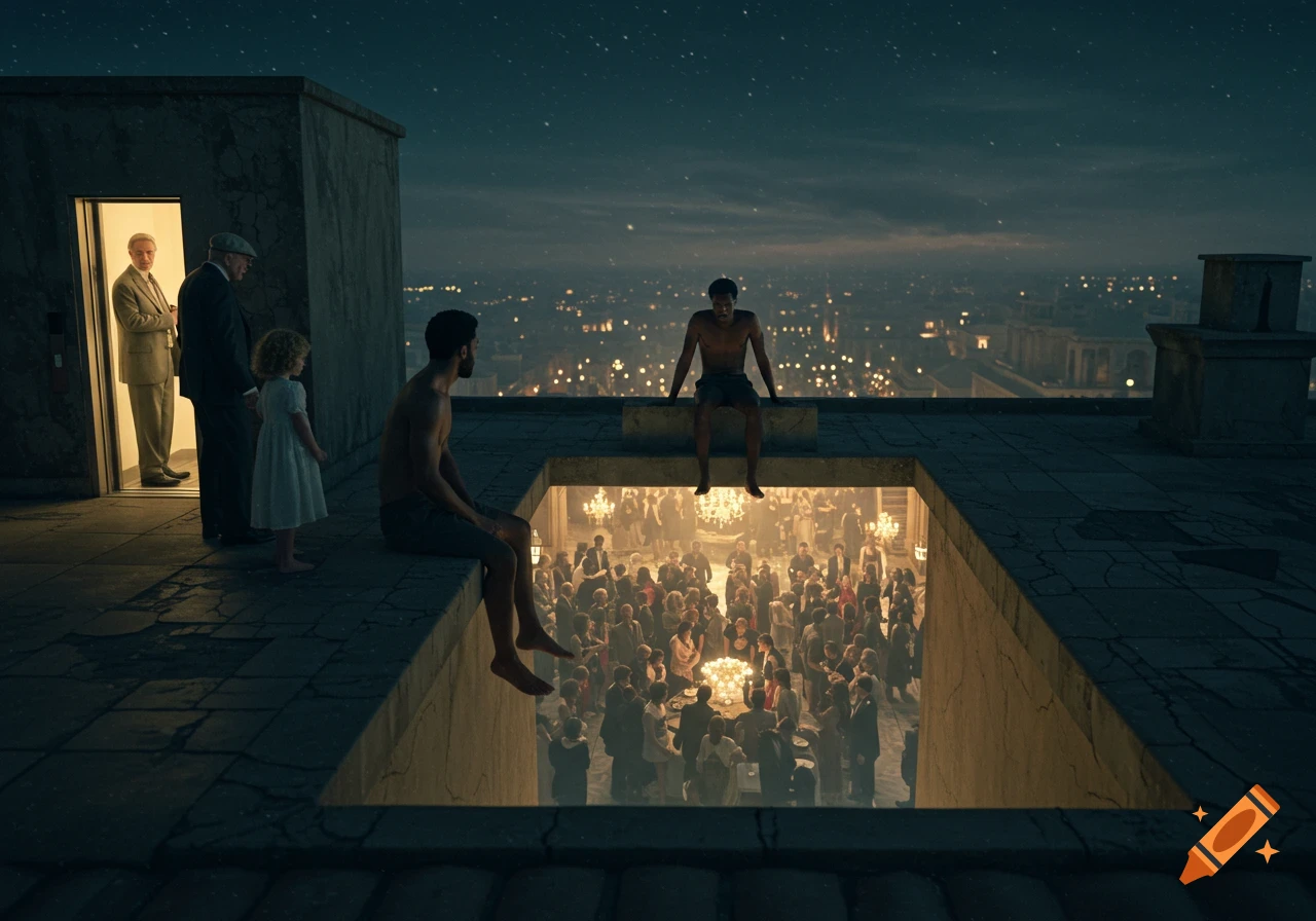 Two men and a child on a rooftop at night overlook a vibrant party ...