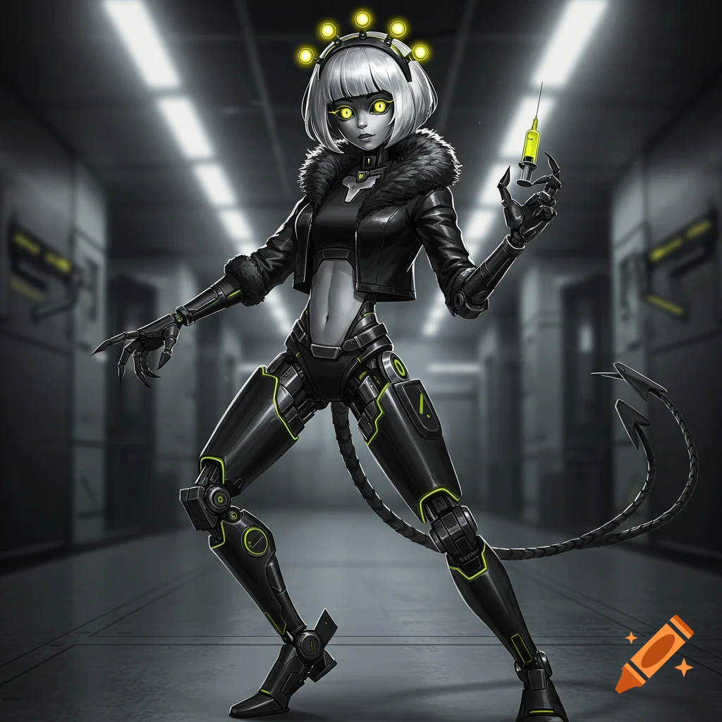An anime robot character with white bob-cut hair, glowing yellow eyes ...