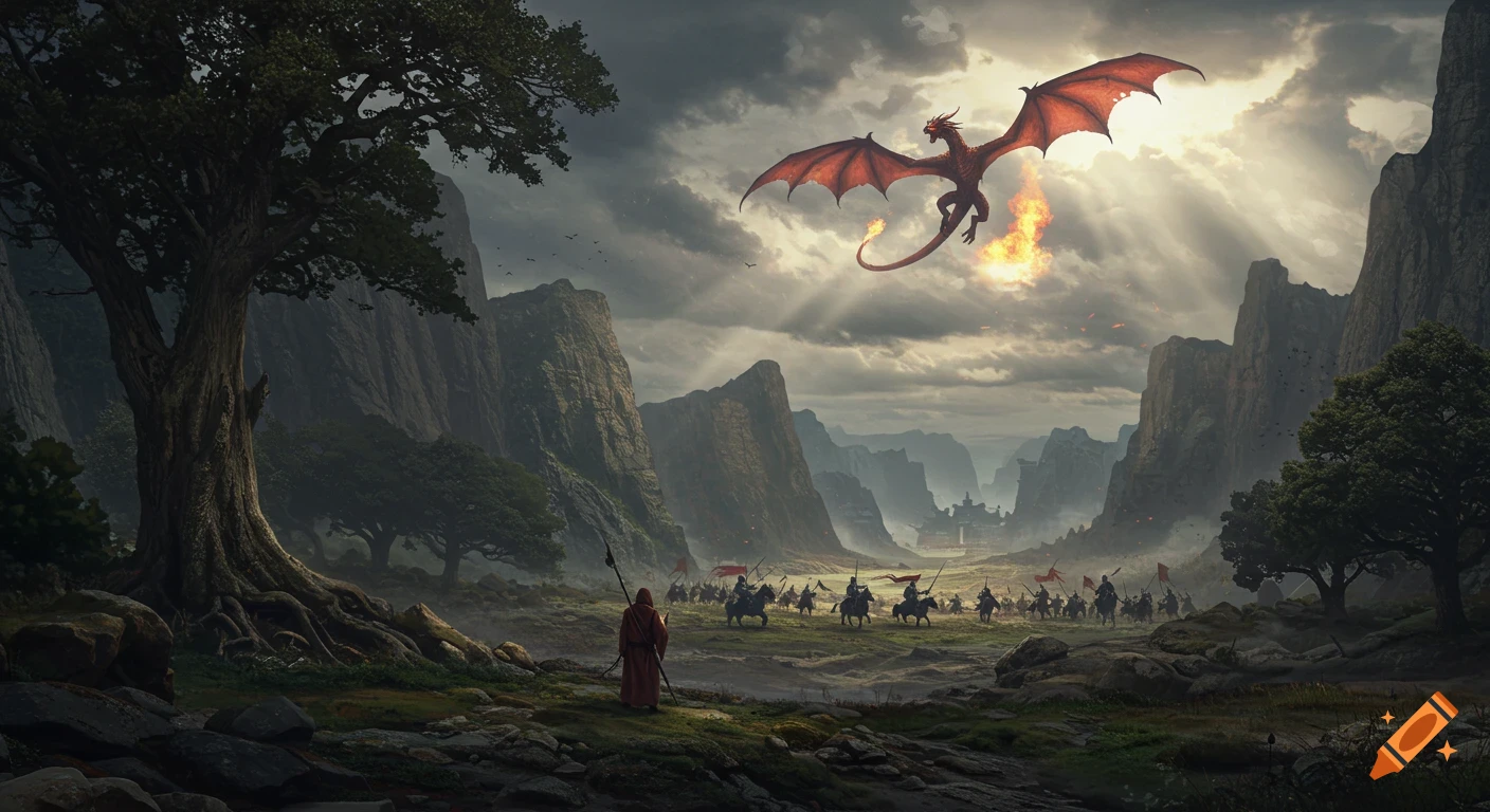 Photorealistic fantasy of a red dragon breathing fire over a valley ...