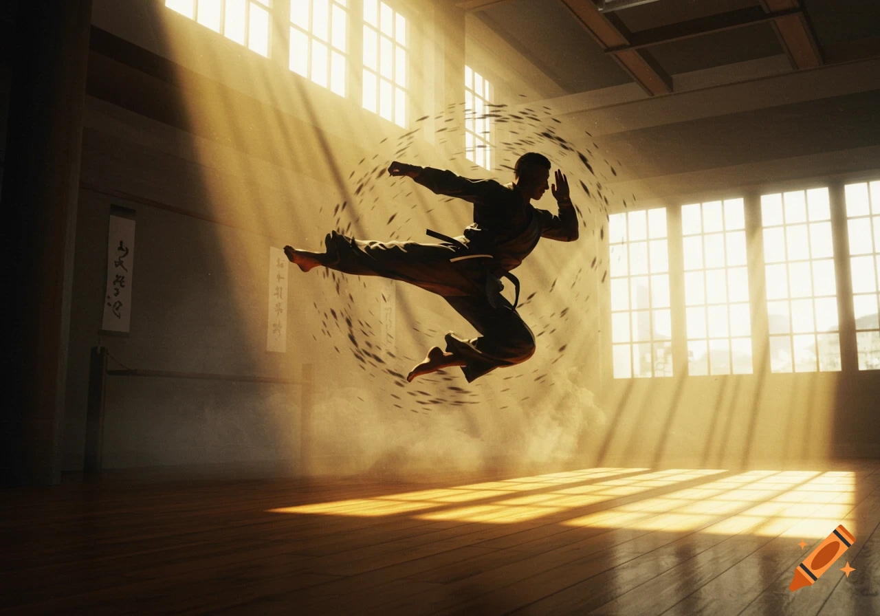 A person in a dark gi performs a tornado kick, suspended in mid-air in ...