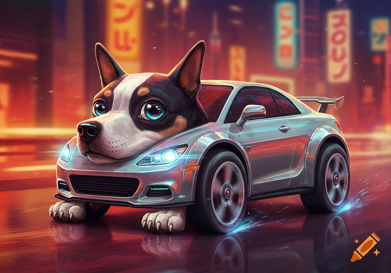 A happy brown and white dog drives a teal vintage convertible through a ...