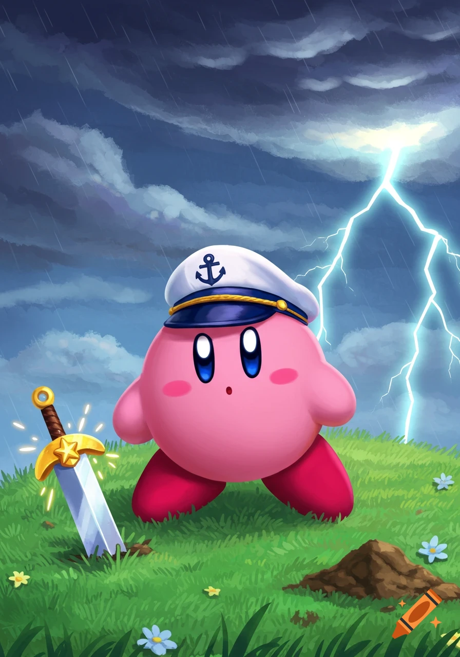Cartoon digital art of Kirby wearing a sea pilot hat on a grassy hill ...