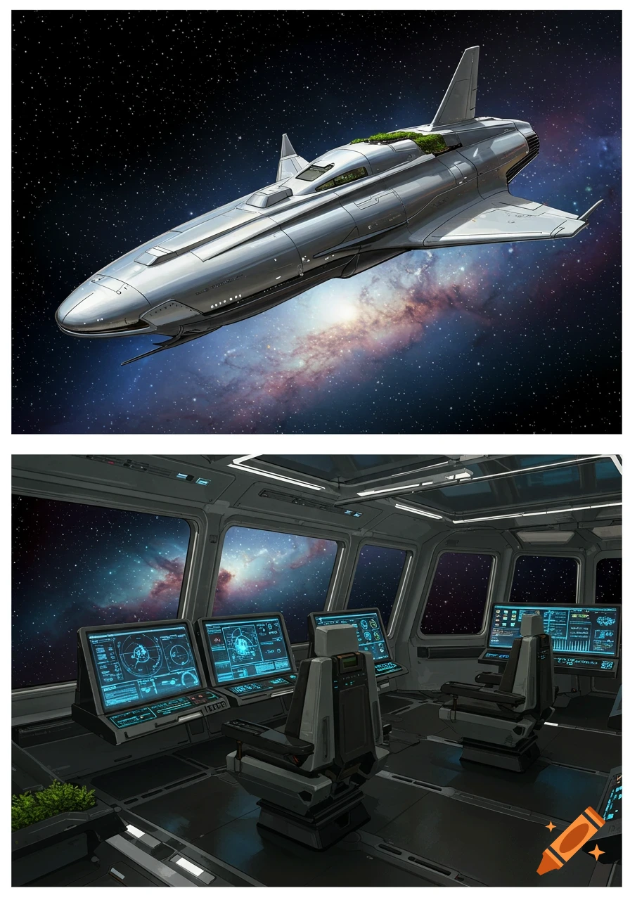 70s sci-fi art of a steel submarine-like spaceship with jet wings in a ...