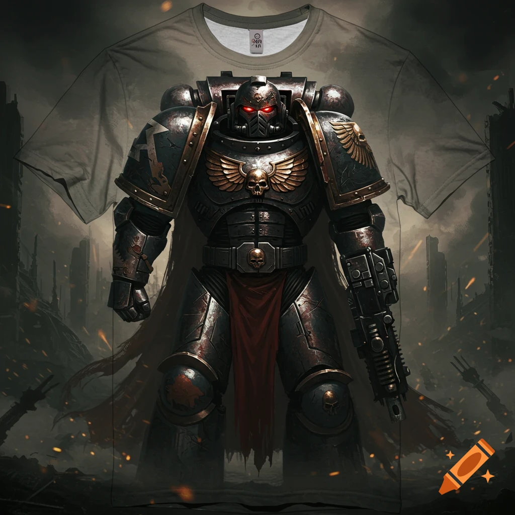 A heavily armored, dark Warhammer 40k Space Marine with glowing red ...