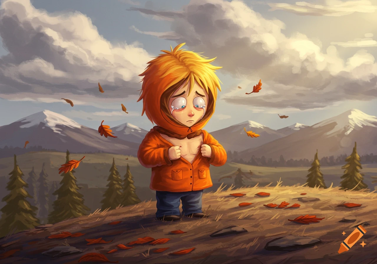 Crying Kenny from South Park in an unzipped orange parka stands on a ...