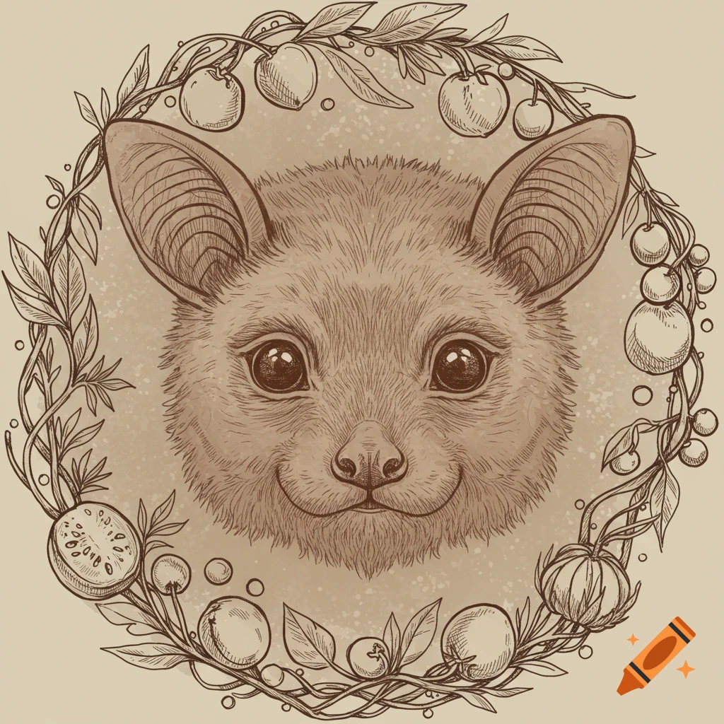 A hand-drawn, sepia-toned illustration of a fruit bat's face with large ...