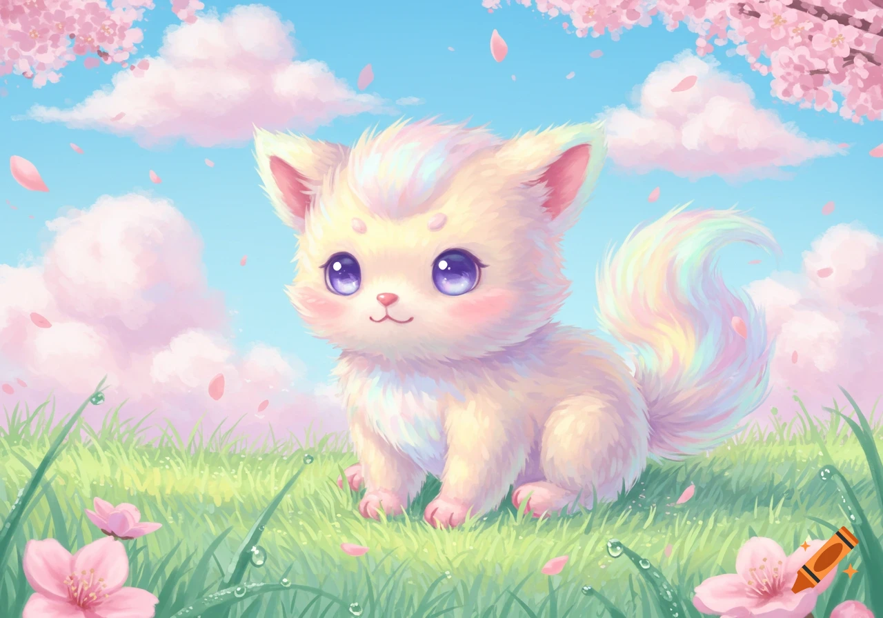 A white chibi creature with large purple eyes, small wings, and long ...