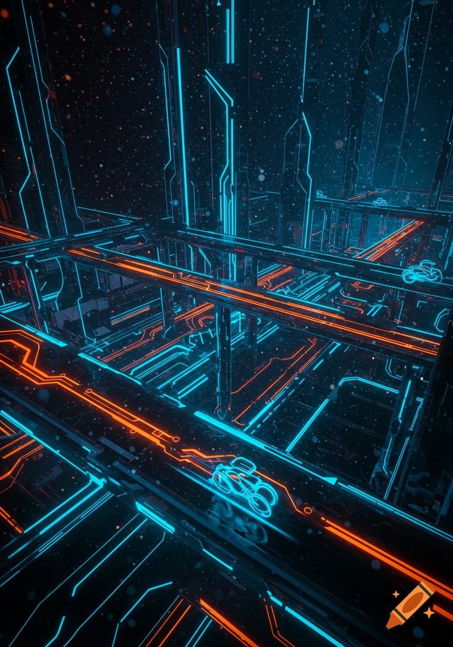 A vibrant, dark image of a complex futuristic grid with glowing blue ...