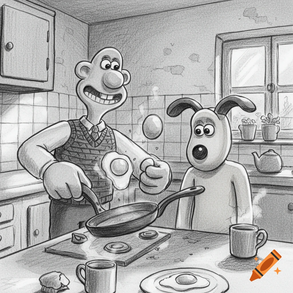 A pencil drawing of Wallace cracking an egg into a pan in a kitchen ...