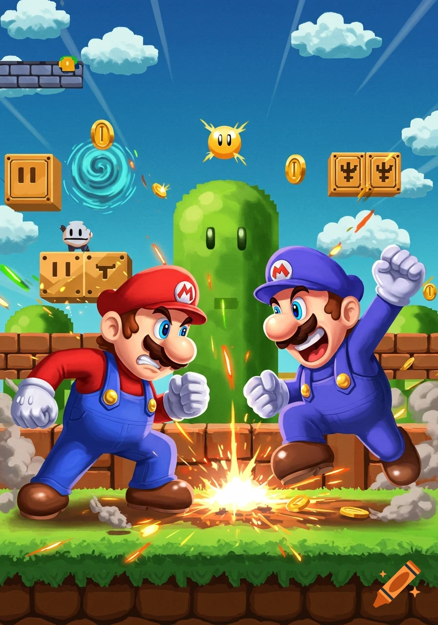 A blue Mario character poses with a fist raised in front of a vibrant ...