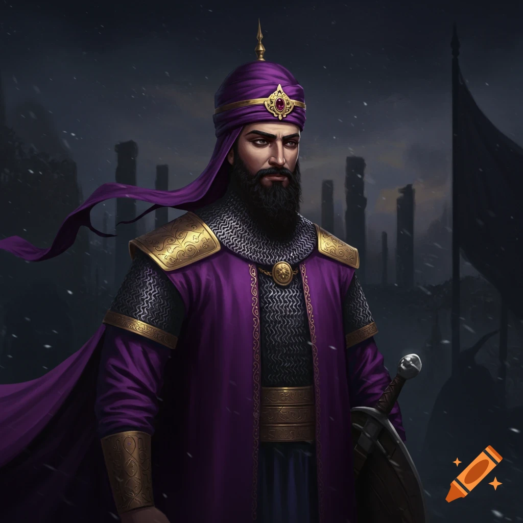 A bearded man in purple robes, golden armor, and chainmail holds a ...