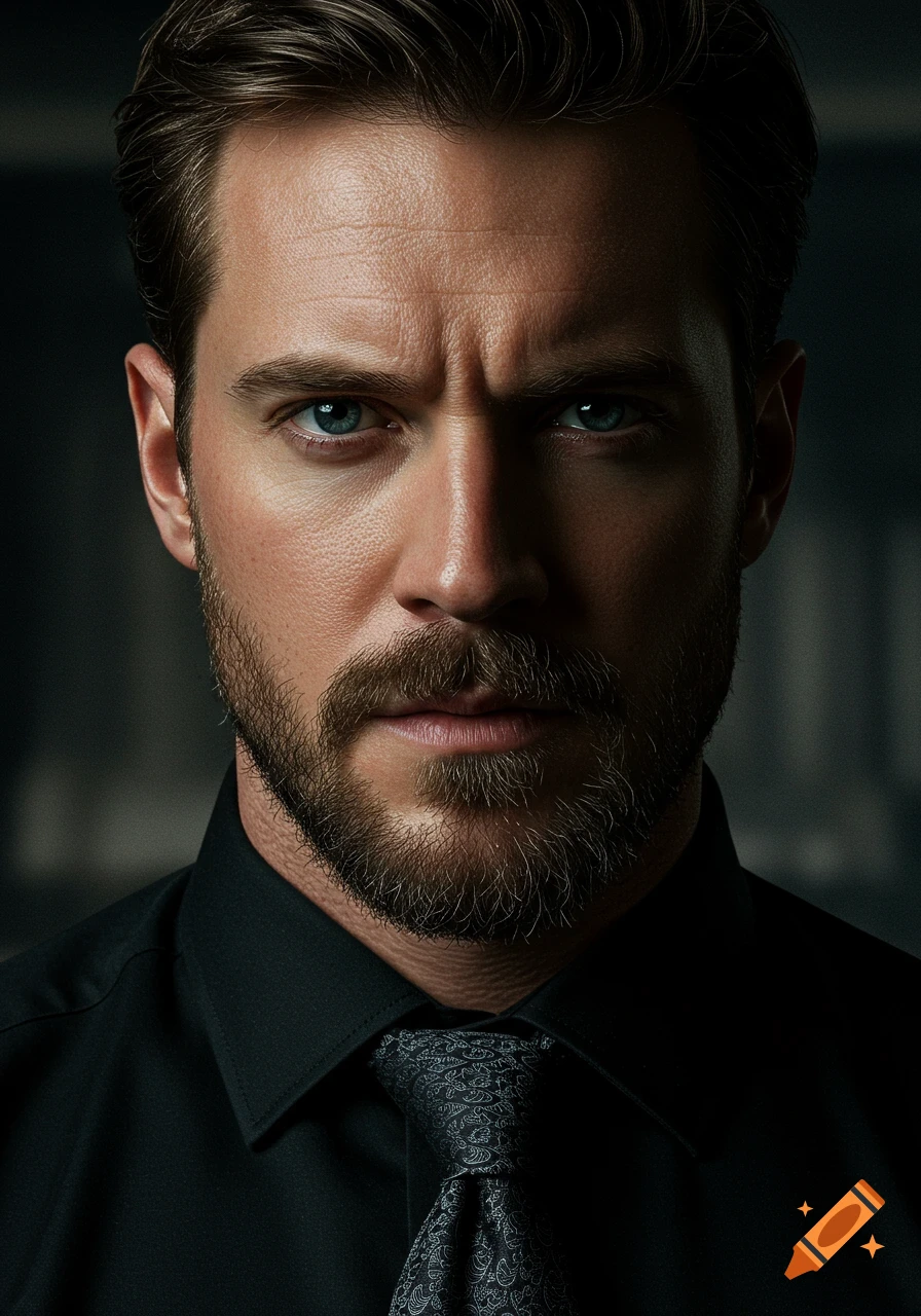 Close-up photorealistic portrait of a stern man with a beard and blue ...