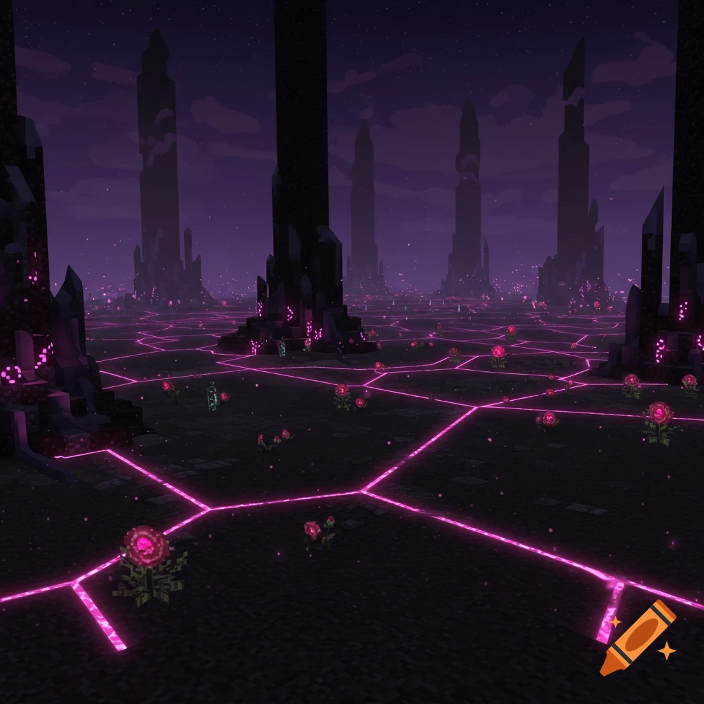 A dark, blocky Minecraft End biome with tall obsidian-like pillars ...