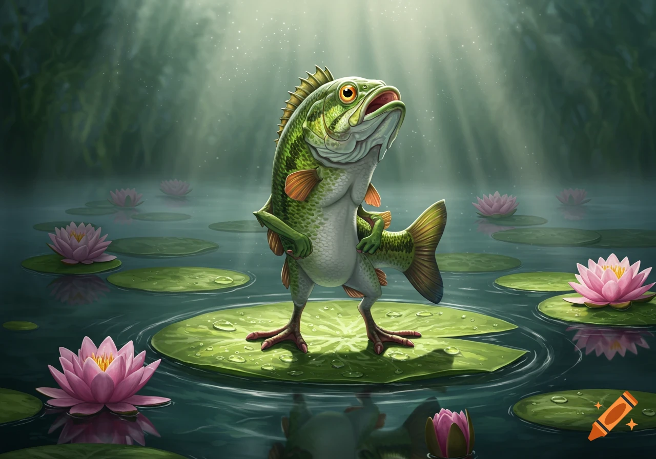 A green bass fish with legs stands upright on a lily pad surrounded by ...