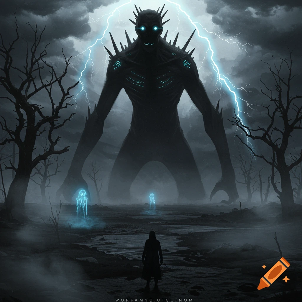 Dark fantasy art of a giant horned monster with glowing eyes and spikes ...