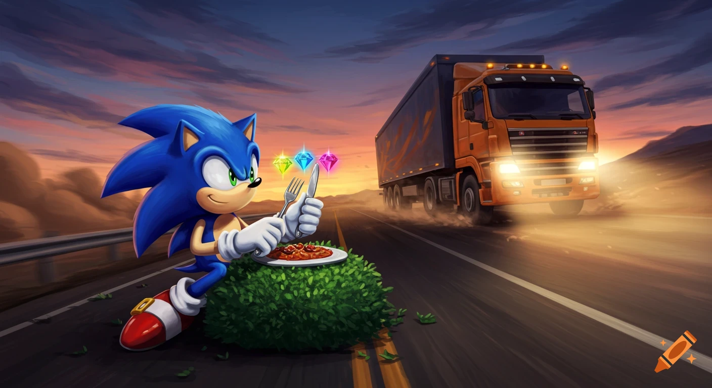 Sonic the Hedgehog sits on a bush on a highway shoulder, eating ...