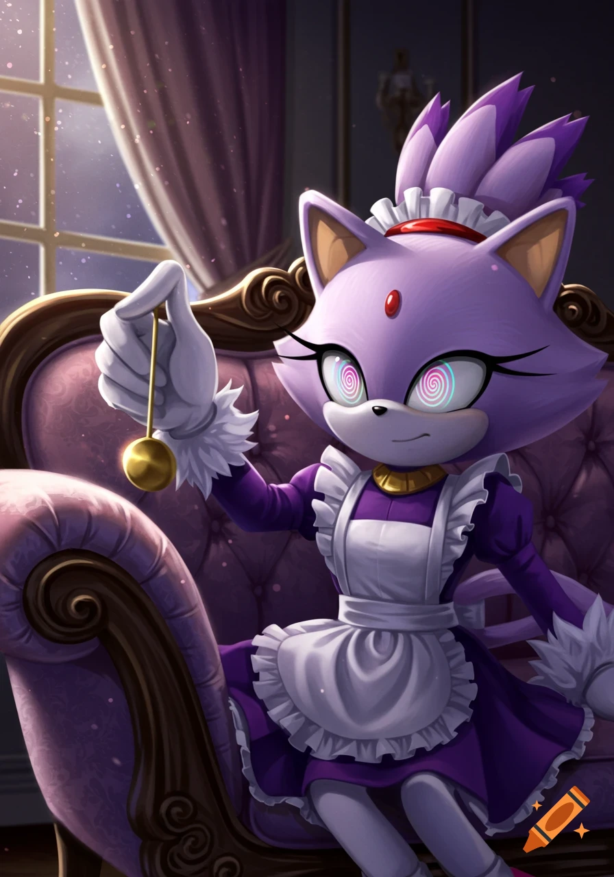 Blaze the Cat in a purple maid outfit with spiral eyes, hypnotized by a ...