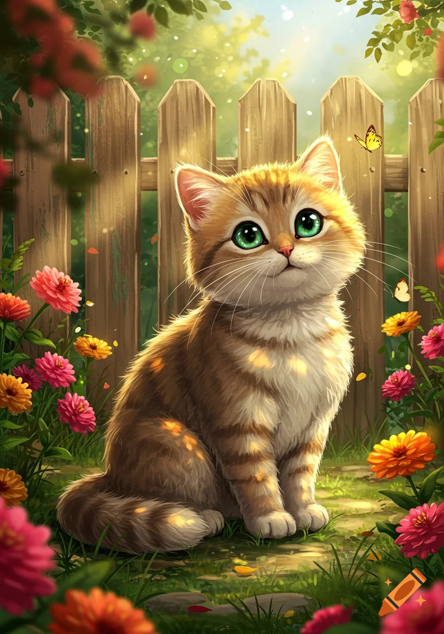 A cute orange tabby kitten with big green eyes sits in a whimsical ...