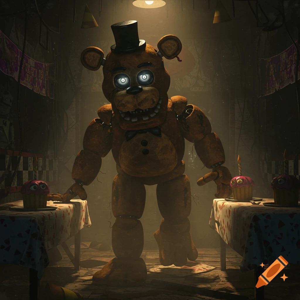 Freddy Fazbear with glowing blue eyes and electricity around him, looms ...