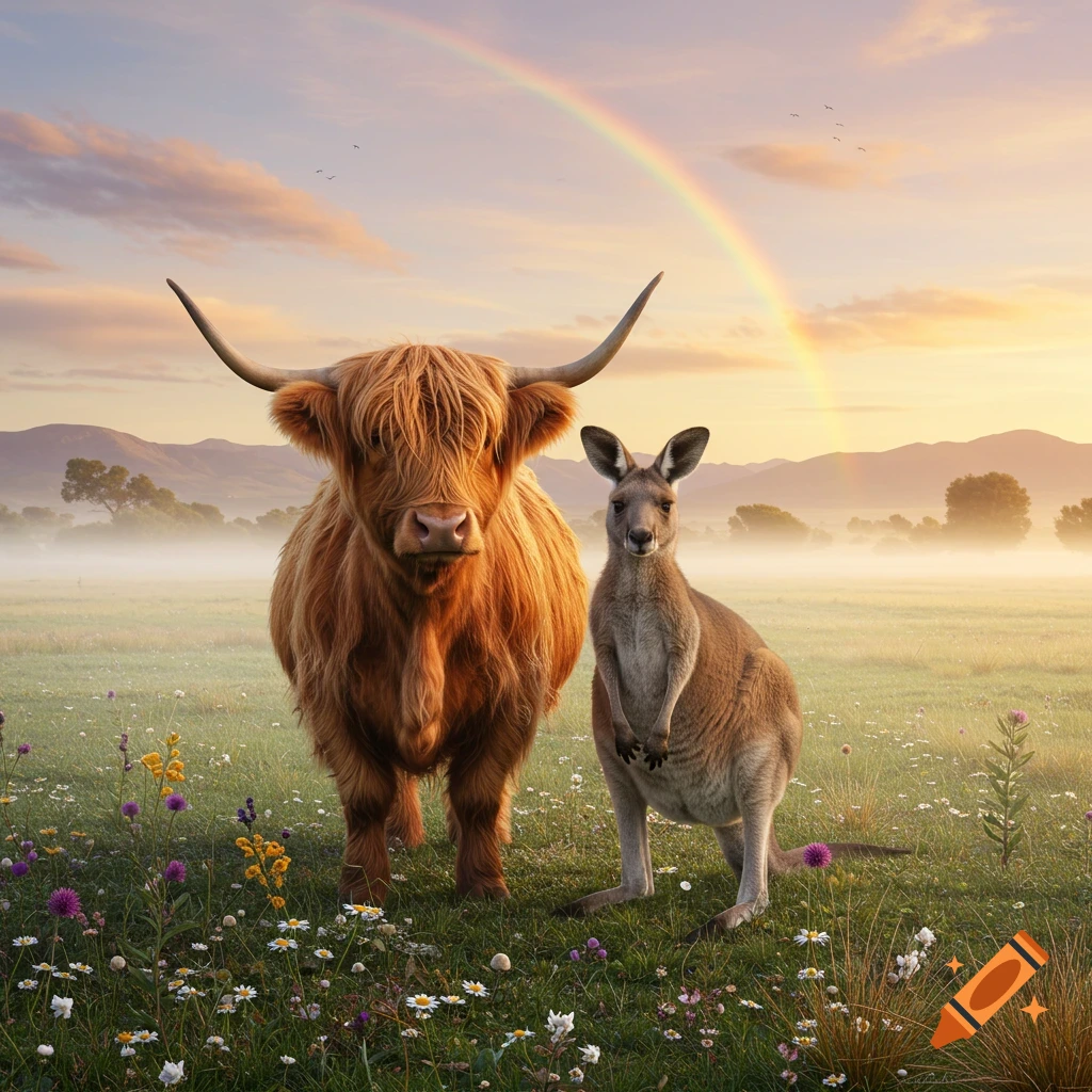 A photorealistic image of a fluffy brown Highland cow and a kangaroo ...