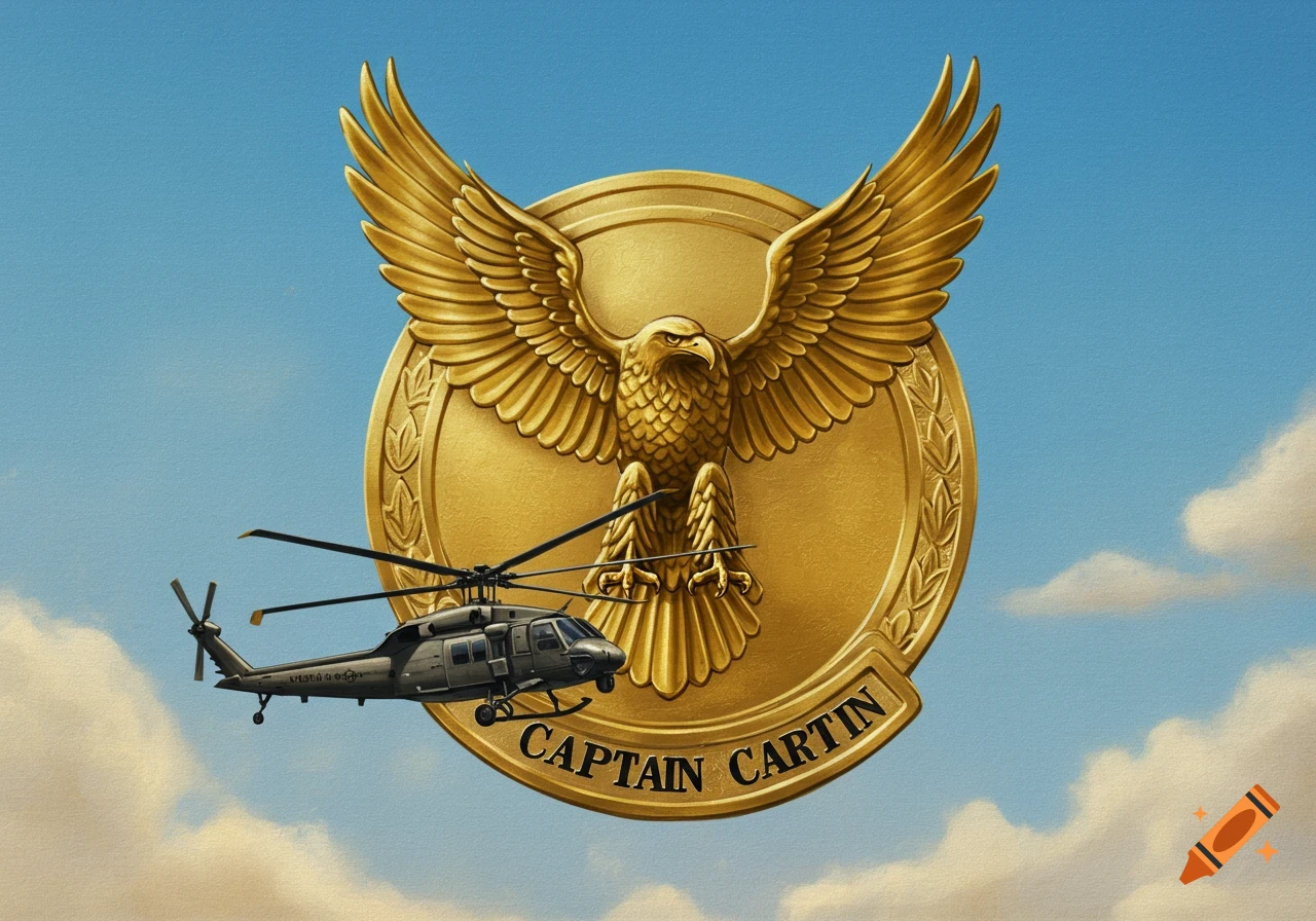 A golden eagle emblem with 'CAPTAIN CARTIN' text, a grey helicopter in ...