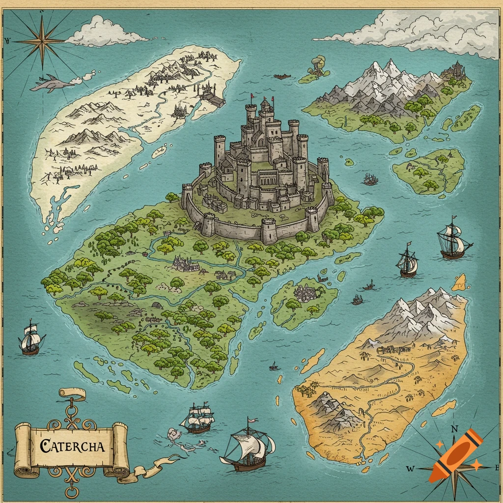 An intricate, hand-drawn fantasy world map featuring two continents ...