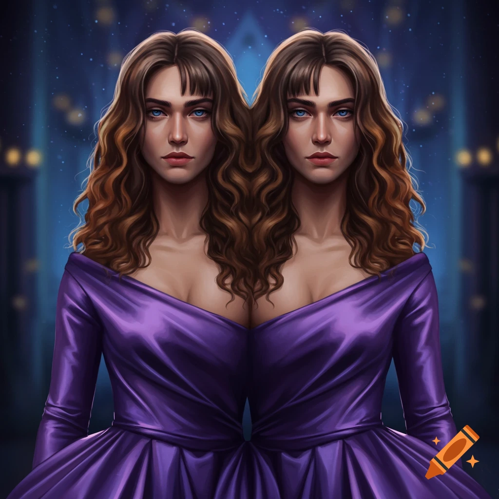 Digital illustration of two identical, conjoined women with long wavy ...