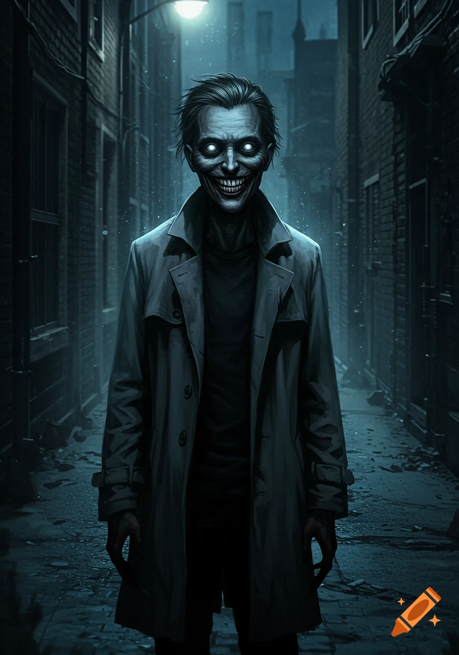A creepy, pale man with a wide, toothy grin and glowing eyes in a ...