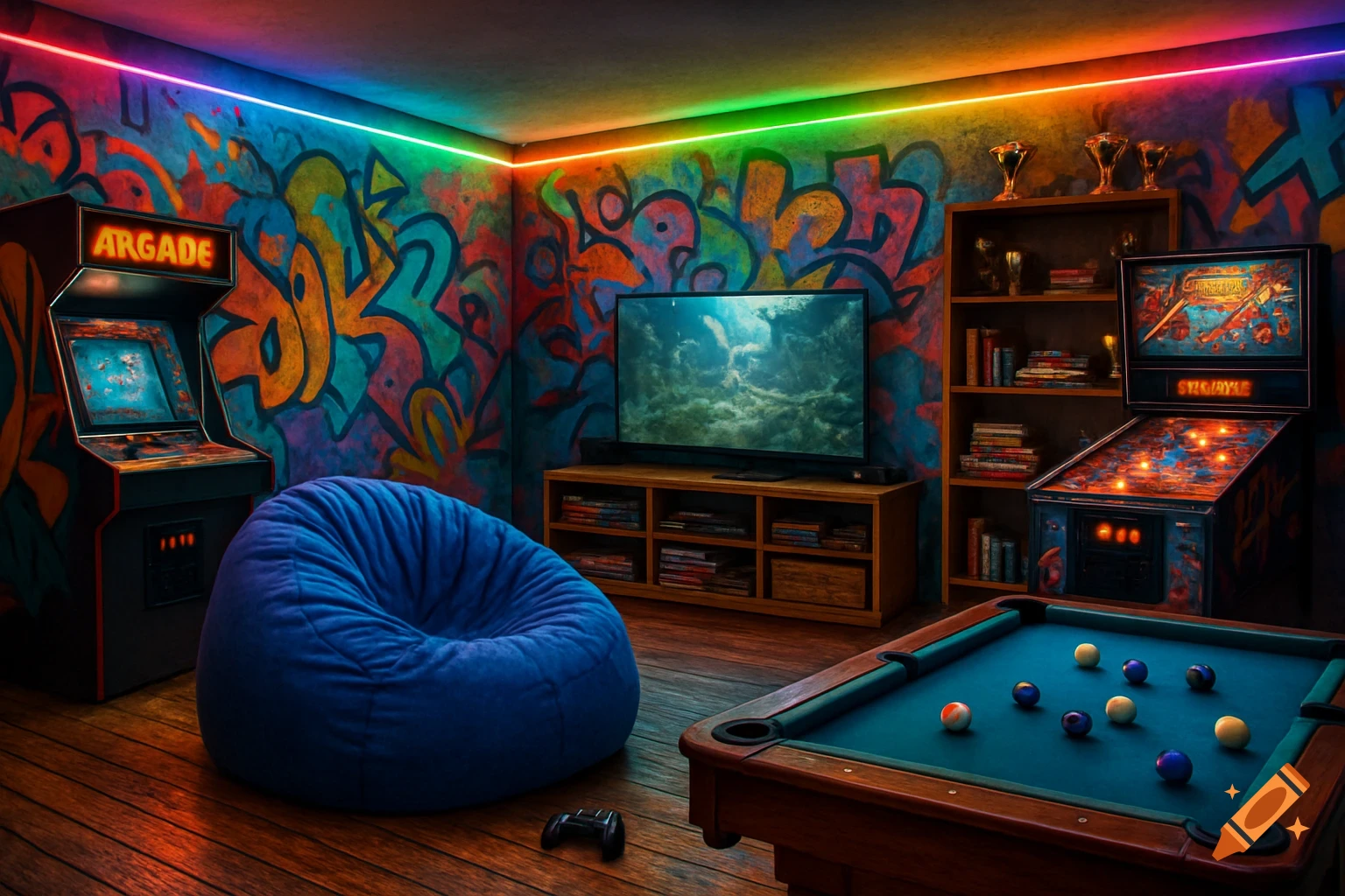 A colorful rec room with neon lights, an arcade machine, a TV, a ...