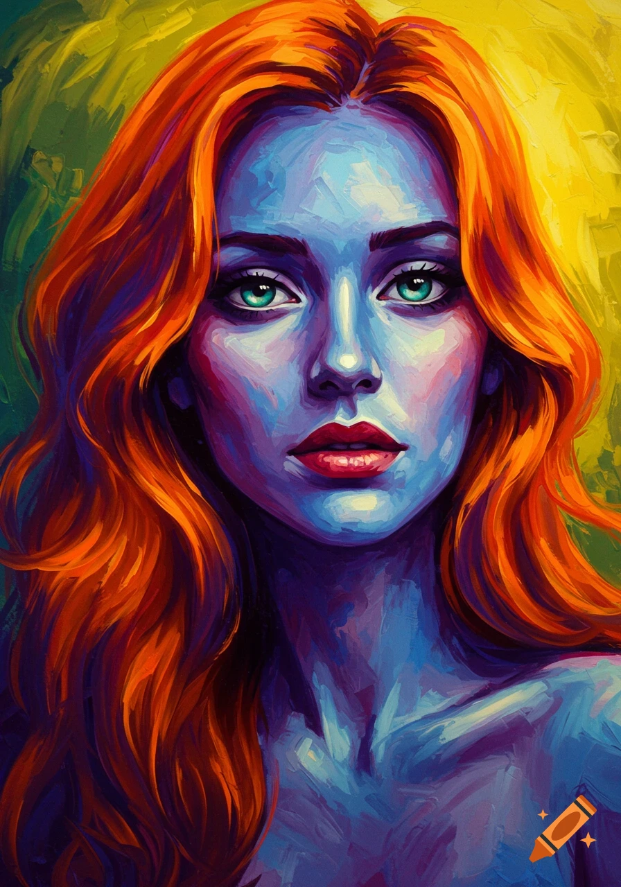 Semi-abstract palette knife painting of a woman with long turquoise ...