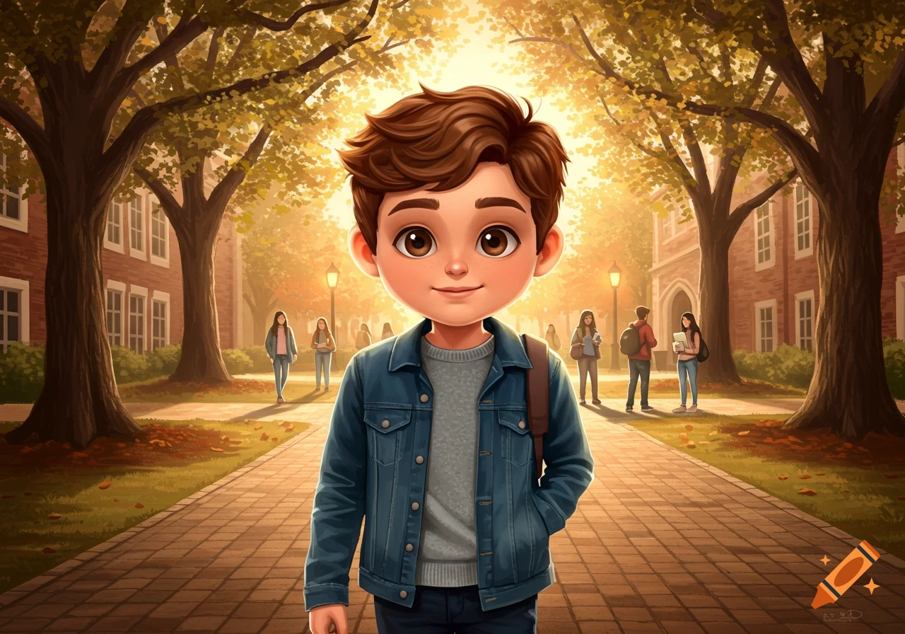 A cute cartoon boy with brown hair, denim jacket, and backpack walks on ...