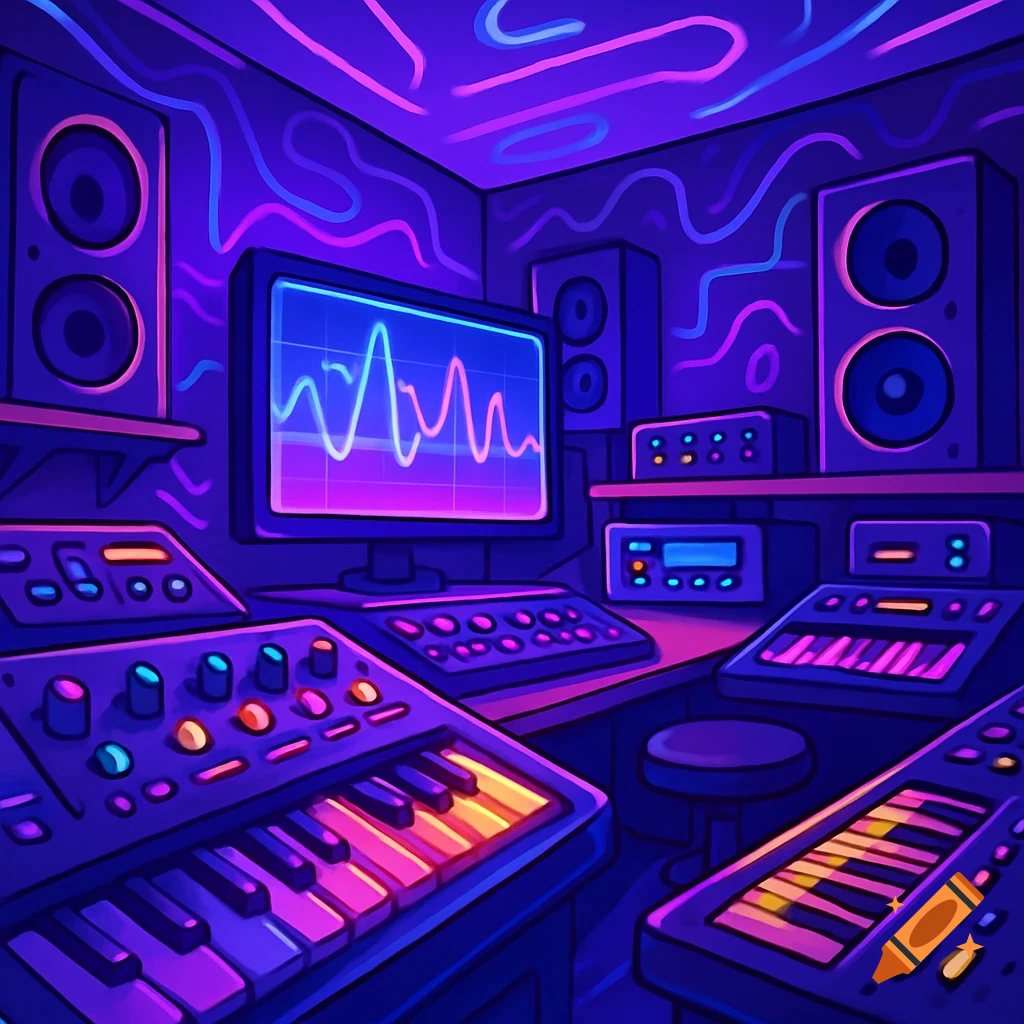 A vibrant, neon-lit futuristic music studio with synthesizers ...