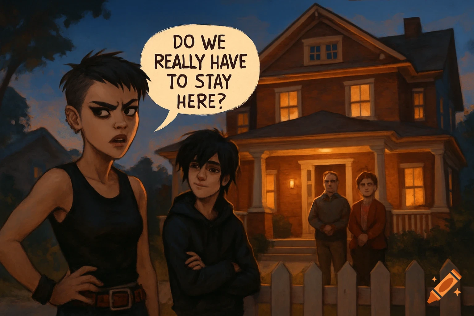 A sly young man in a comic book style says 'SHOULD I TAKE THEM OFF?' in ...