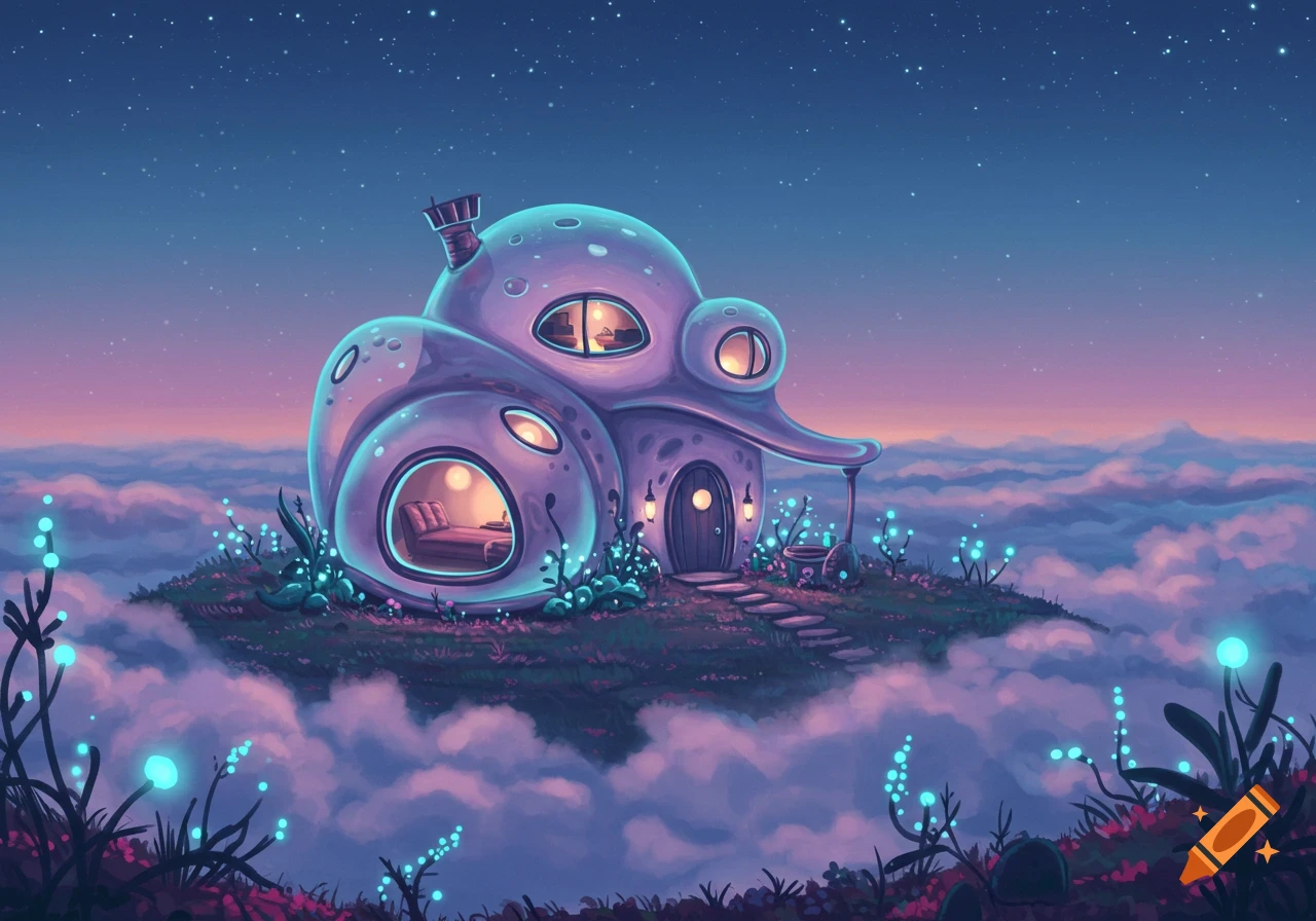 A whimsical, bioluminescent alien house with organic shapes sits on a ...