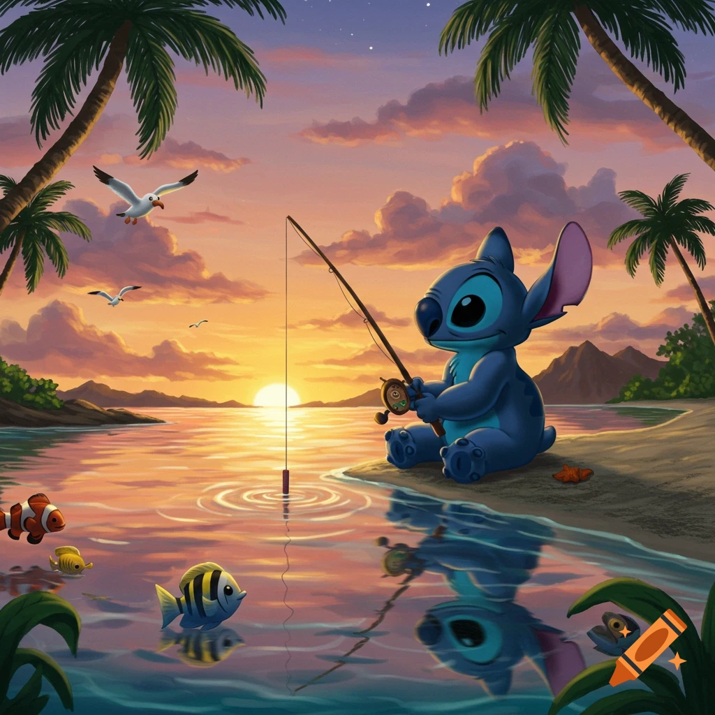 Cartoon Stitch fishing on a sandy beach at sunset, with palm trees and ...