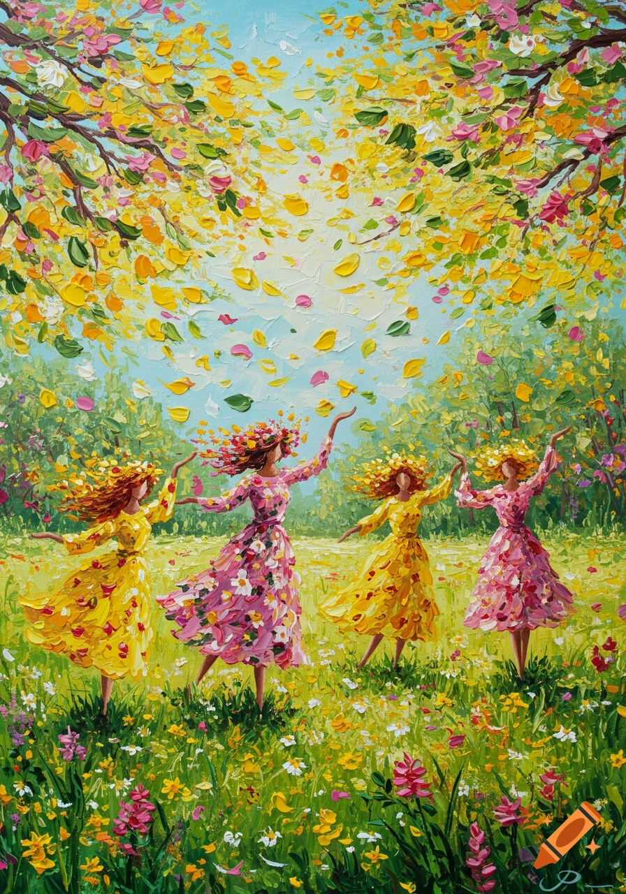 Vibrant impasto oil painting of four women in colorful dresses dancing ...