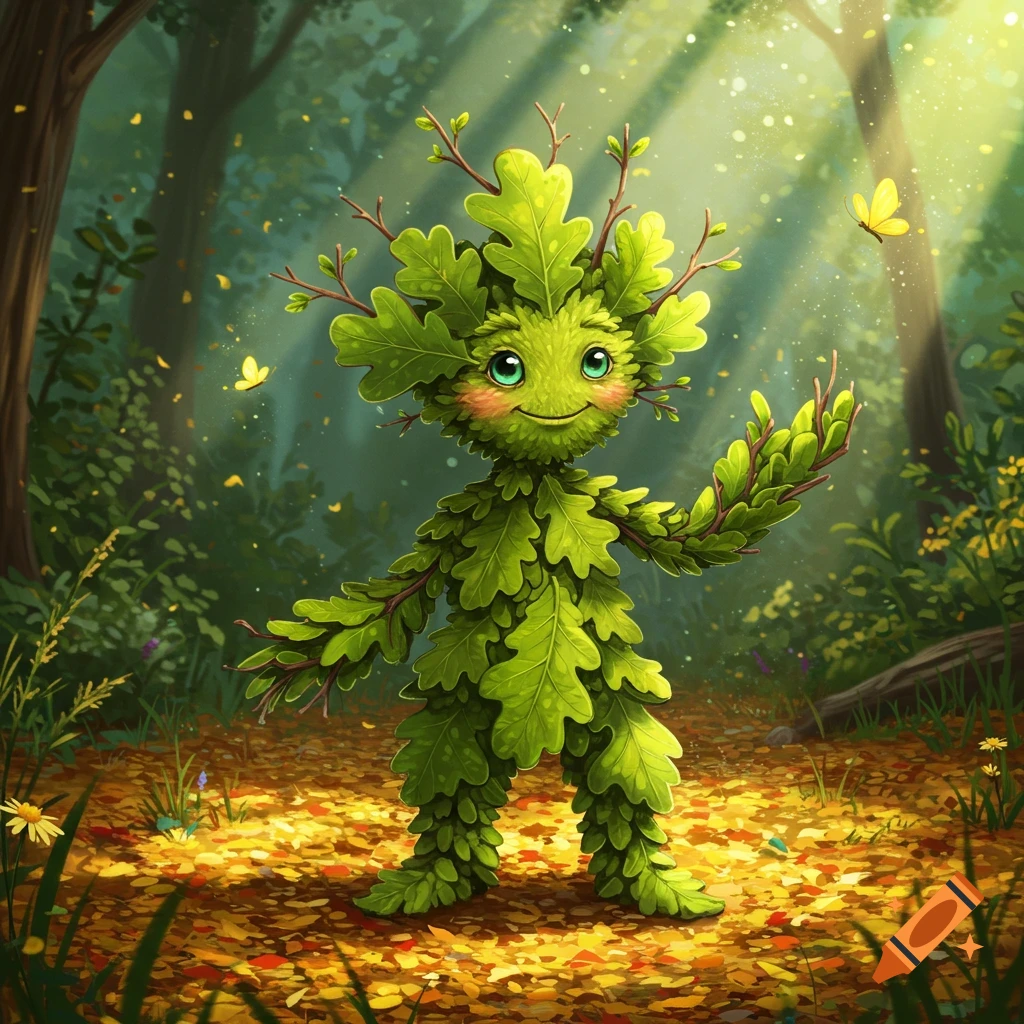 A cute, smiling oak leaf creature with twig antlers stands in a sunny ...