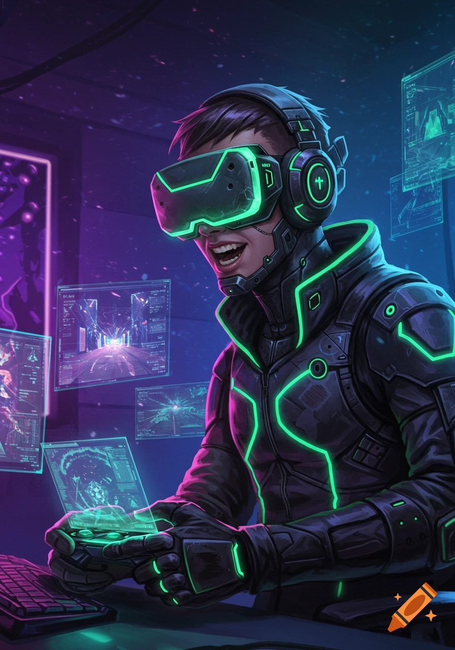 A person in a glowing green VR headset and futuristic black suit ...