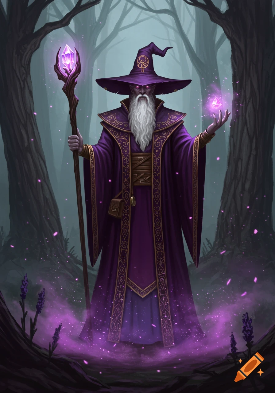 A bearded male wizard in a purple robe and wide-brimmed hat holds a ...